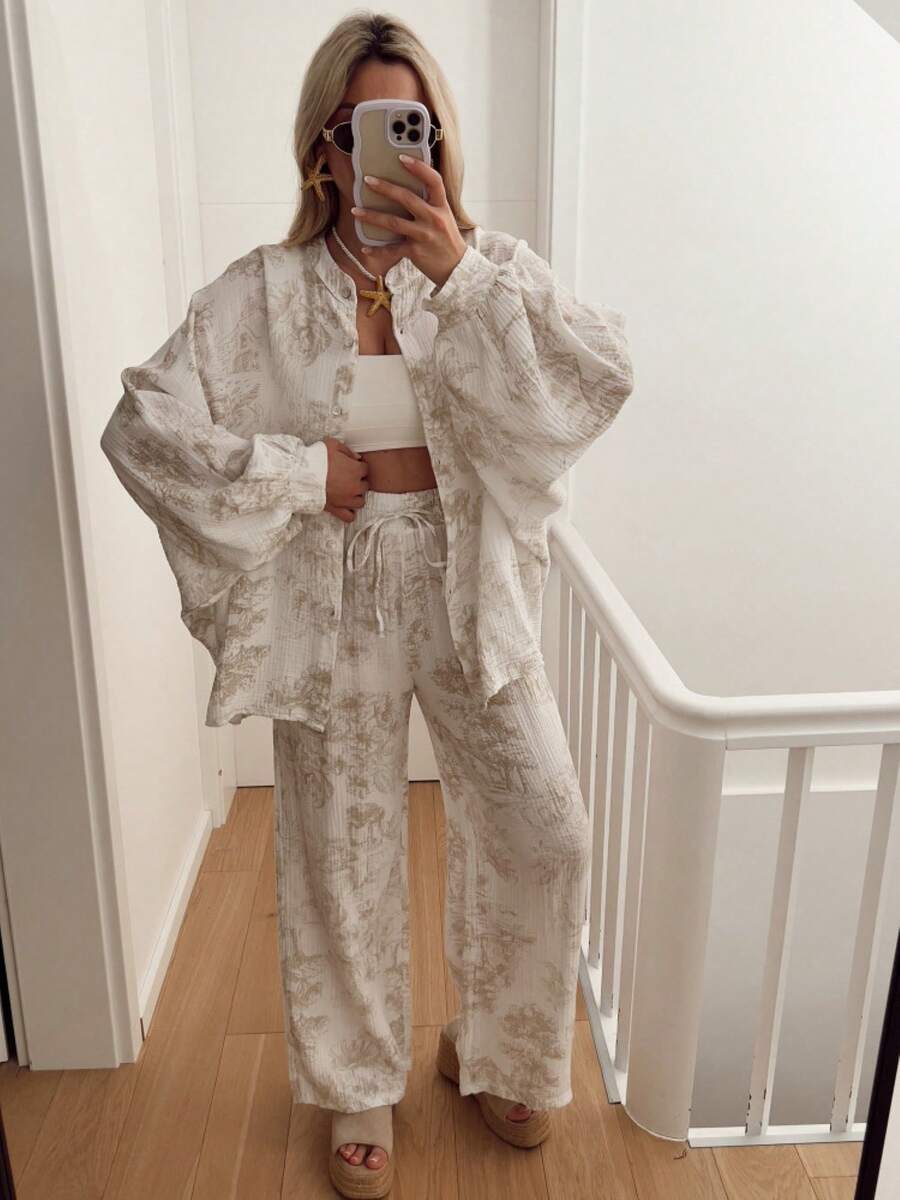 Women's Toile Print Button Up Pajama Set With Long Sleeve Top And ...