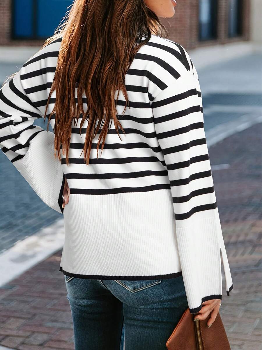 2025 Women's Long Sleeve Striped Sweater Turtleneck Casual Loose Side Split Ribbed Knit Pullover ...