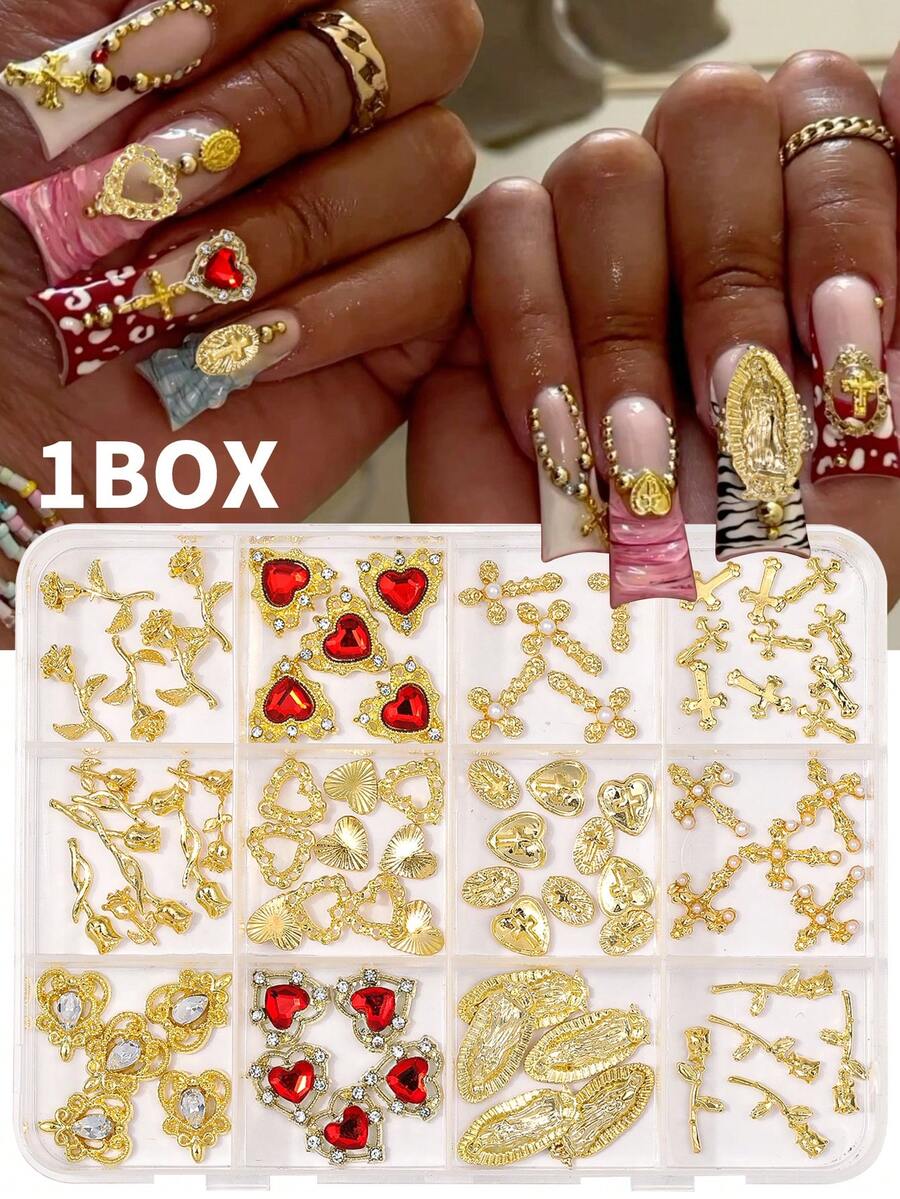 1Box Gold Nail Charms Set With Red Nail Gems, Gold Rose, Hearts, Gold ...