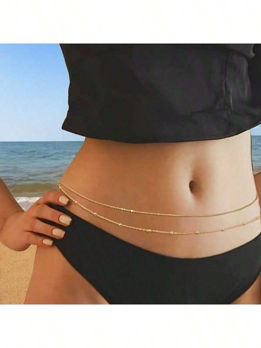 Double Layered Waist Chain, Women's Layered Bead Belly Button Chain, Adjustable Waist, Sexy ...