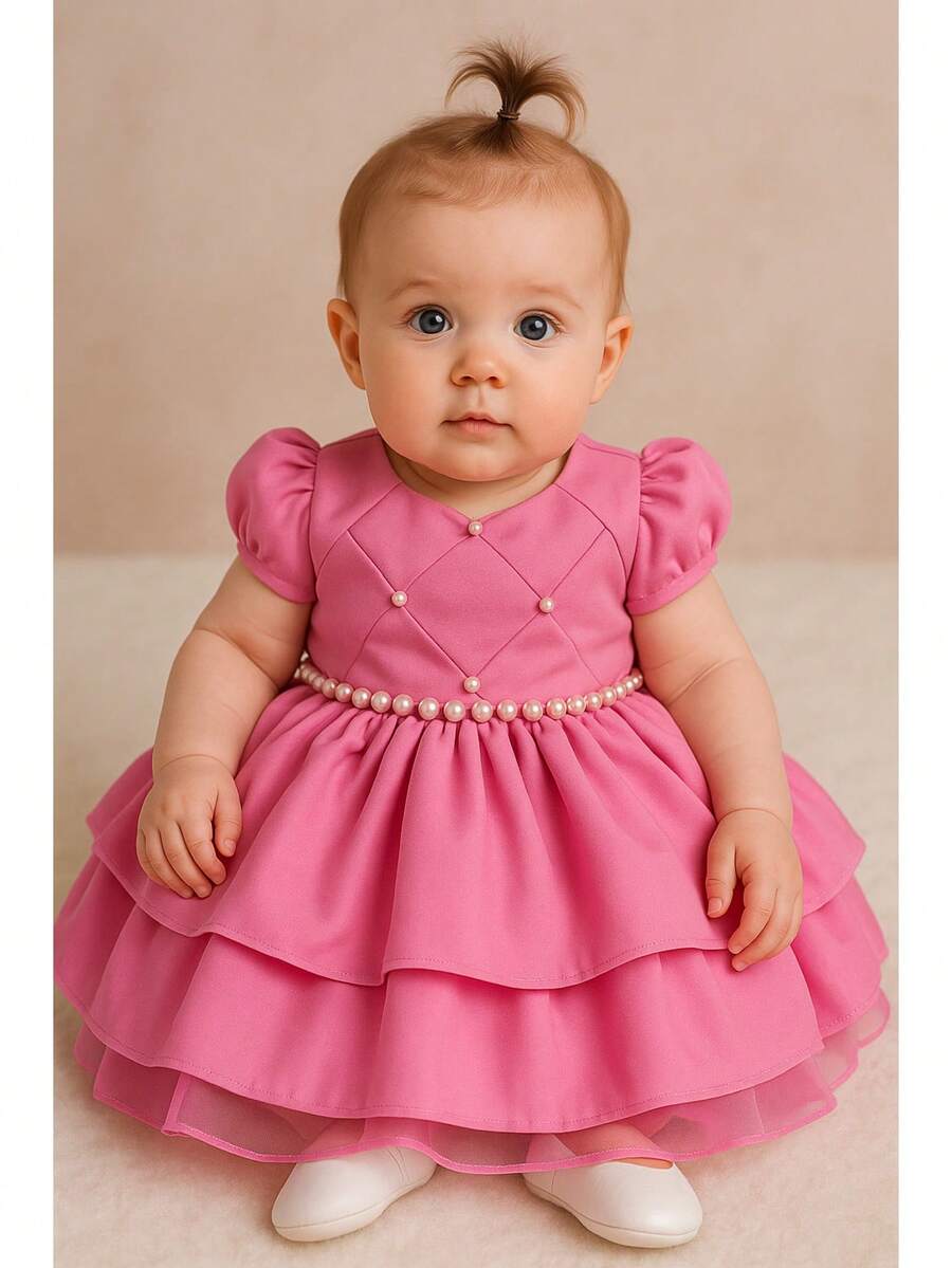 Baby Girl Party Princess Dress Puff Sleeve Appliqued Pearl Layered ...