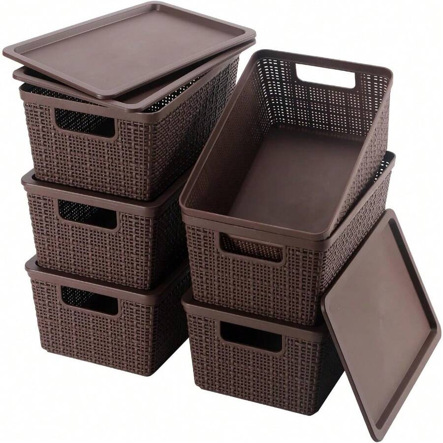 6 Pack Plastic Storage Baskets With Lids,White Breathable Stackable ...
