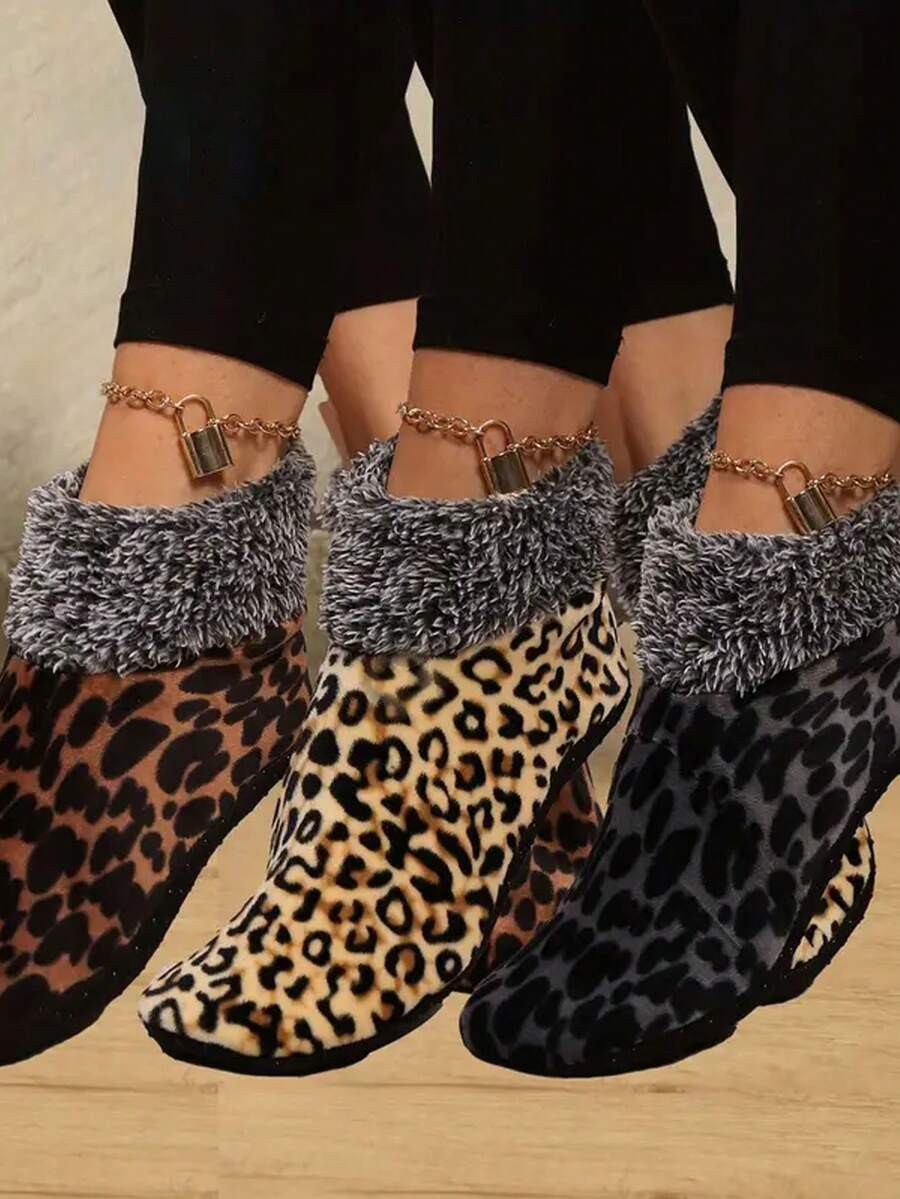 1 Pair Fluffy Leopard Print Sock Slippers, Comfortable And Warm Indoor ...