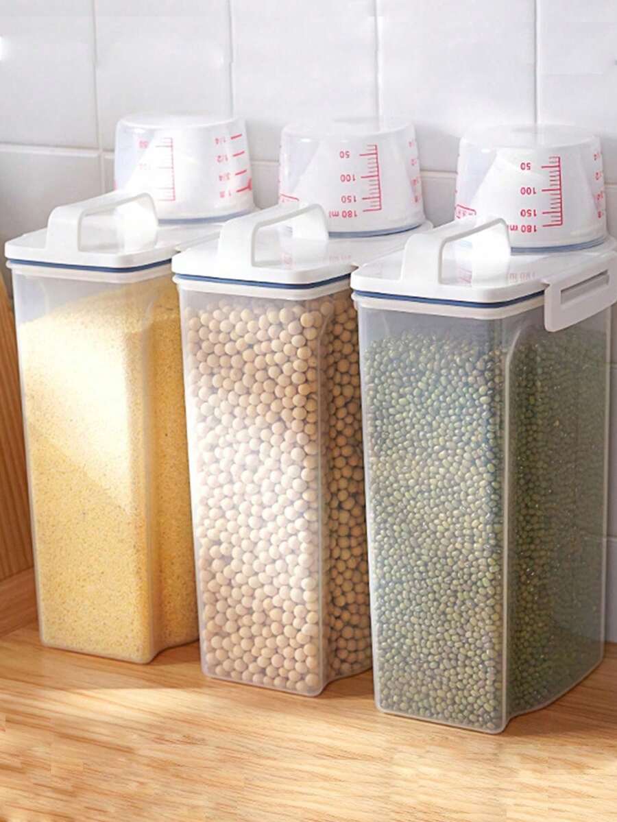 1/3pcs Grains Storage Jar With Handle & Measuring Cup, Airtight Cereal ...
