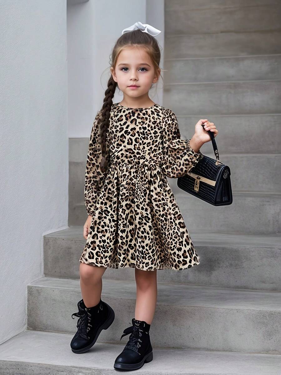Girls Elegant Leopard Print Casual Princess Dress, Suitable For Back To ...