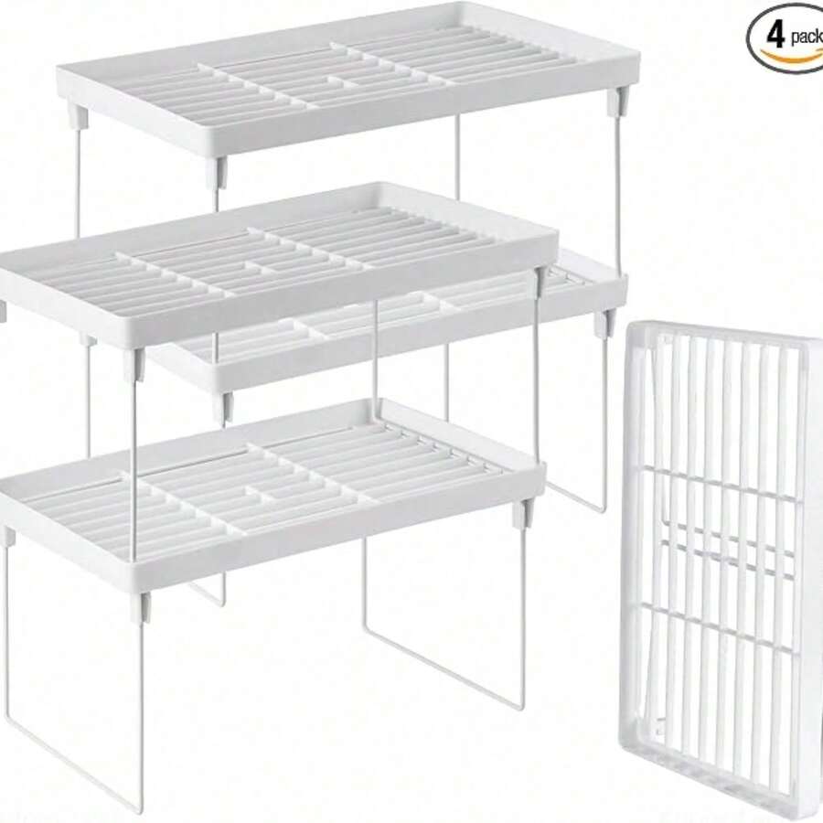 4-Pack Stackable Plastic Kitchen Storage Shelf Foldable Rack - White ...