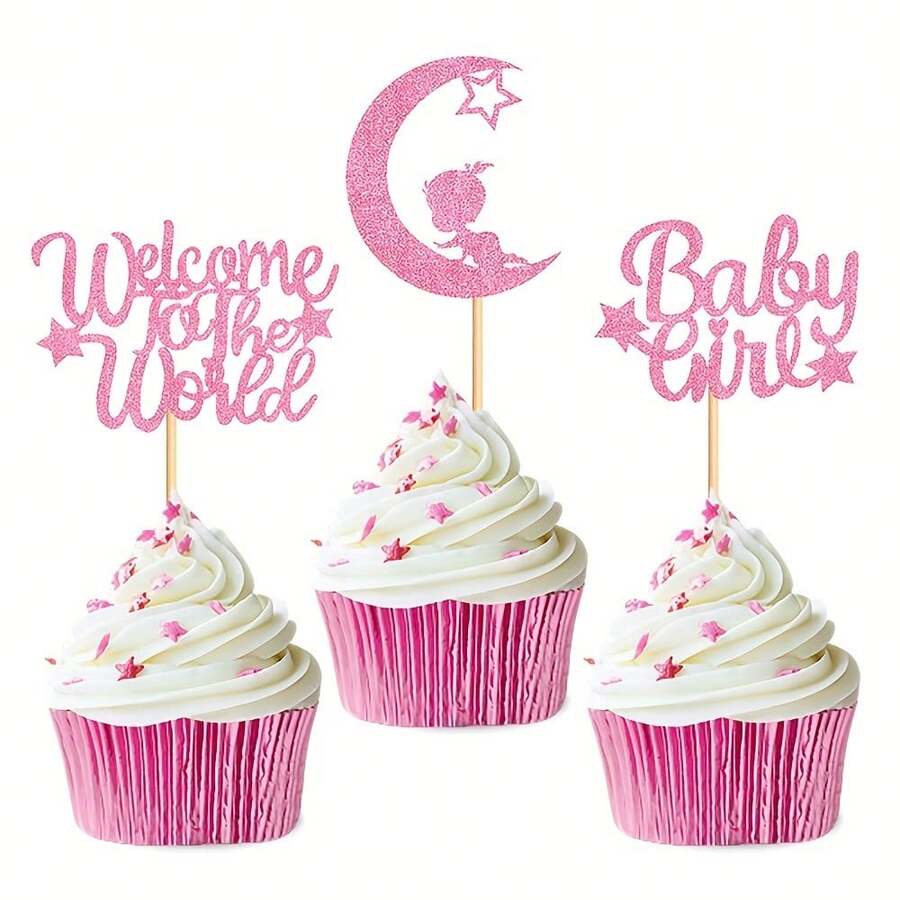 72pcs Pink Glitter Moon Star Cupcake Toppers For Birthday Party Gender ...