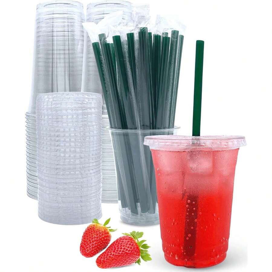 20 Oz Clear Plastic Cup With Lid And Straw, Disposable Coffee Cups Set ...