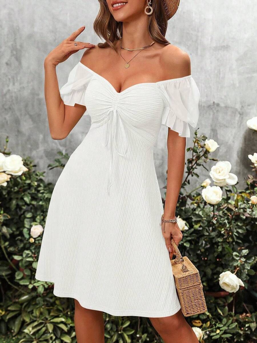 Women's Summer Short Puff Sleeve Sweetheart Neck Drawstring Slim Flowy ...