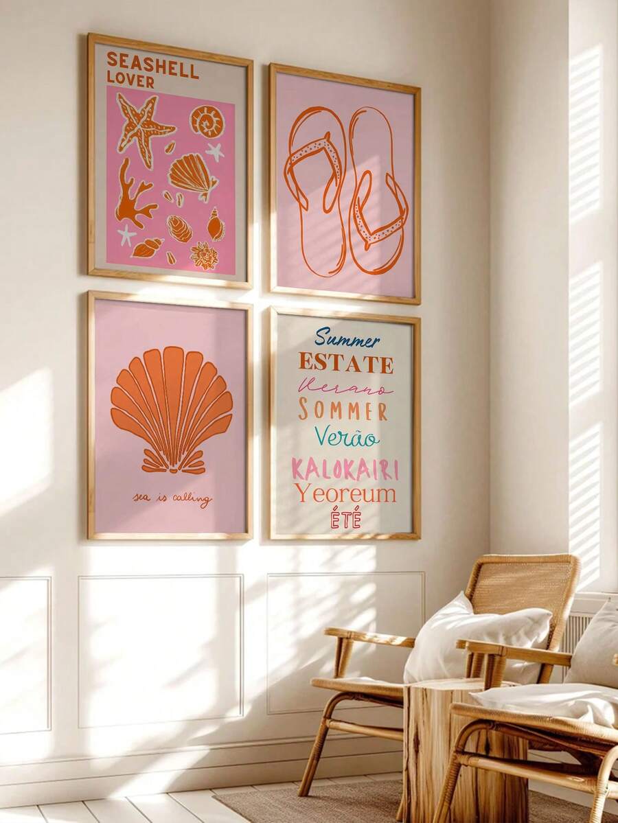 4PCS Unframed Preppy Summer Wall Art ,Coastal Beach Poster , Seashell ...