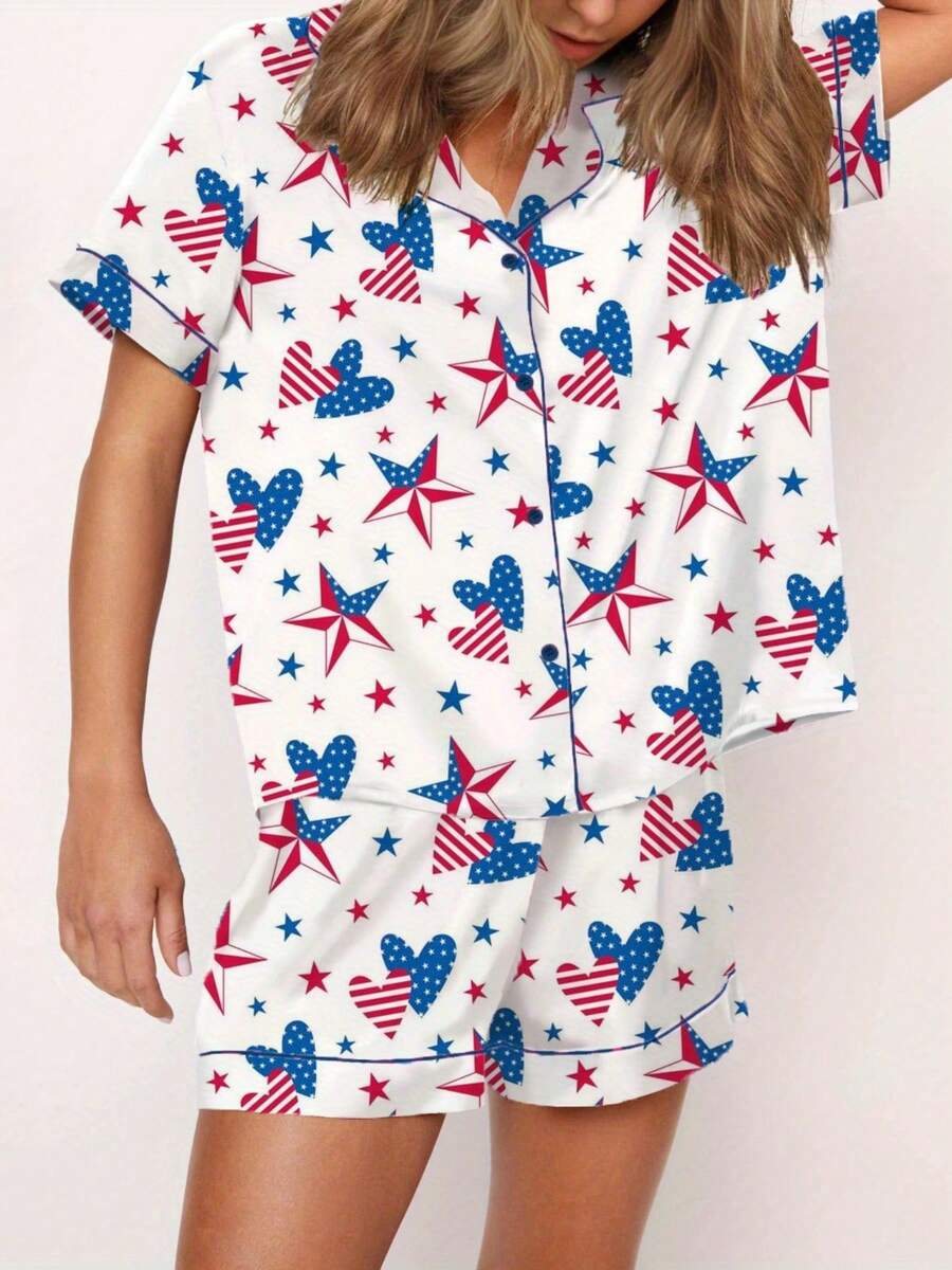 Fourth Of July Pajamas For Women Short Sleeve Star/Flag Print Button Up ...