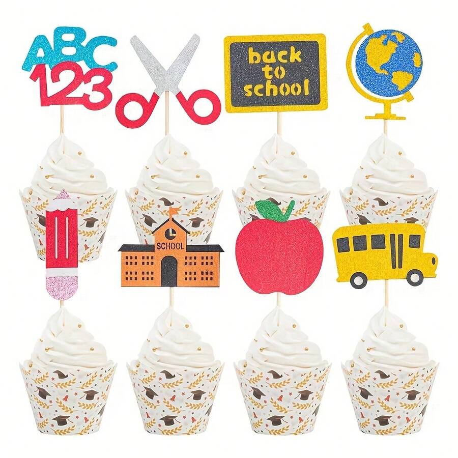 24 Pcs Back To Cupcake Toppers Back To Cupcake Picks First Day Cupcake ...