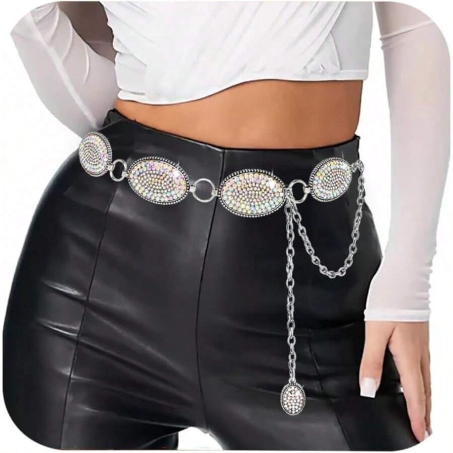 Bling Rhinestone Concho Belt Heavy Metal Western Crystal Chain Belt ...