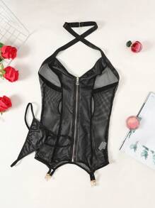 2 Pcs Sexy Baddie Women Black PU Leather See-Through Mesh Criss-Cross Halter Backless Lingerie ...