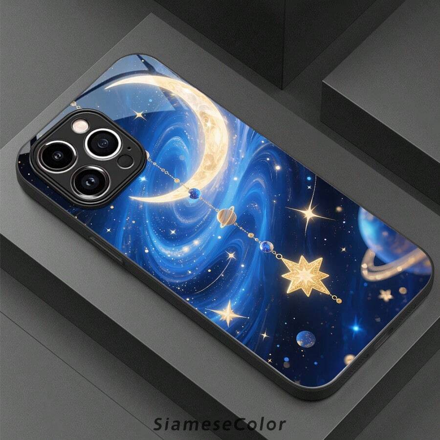 Star And Moon Pendant Cosmic Pattern Glass Phone Case Suitable For ...
