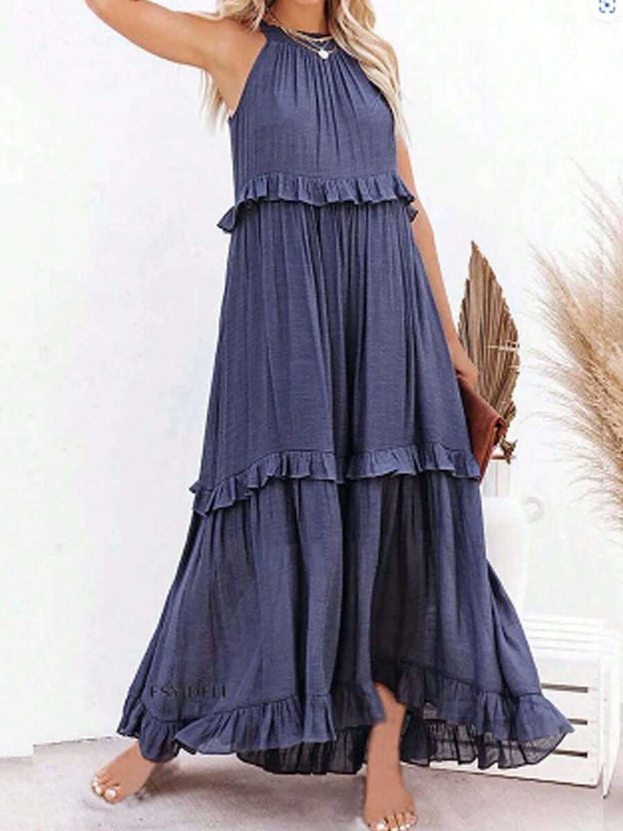 Women Boho Ruffle Tiered Maxi Dress – Sleeveless High Waist Flowy ...