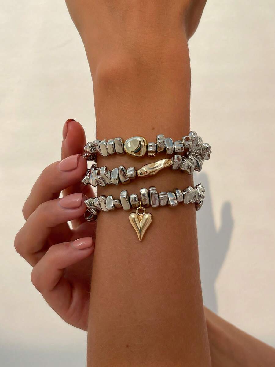 3pcs Vintage Creative Asymmetrical Geometric CCB Beaded Bracelet With ...