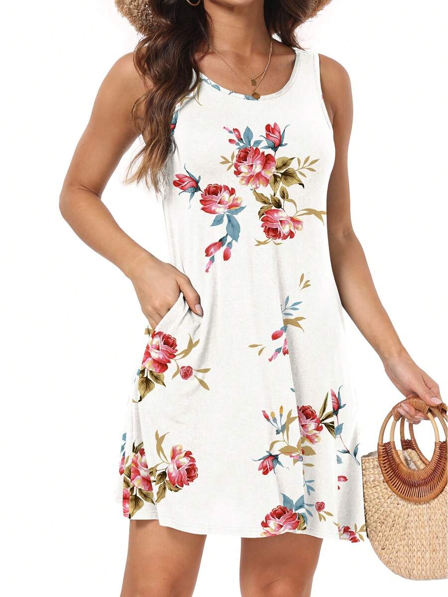 Women's Sleeveless Sundress, Solid Color Basic Style With Pockets ...