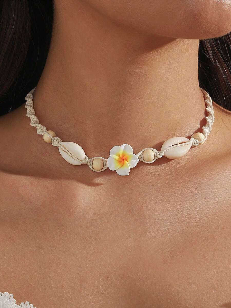 A Bohemian Necklace, A Beach Necklace, Hand-Woven Soft Clay Flower Sea ...