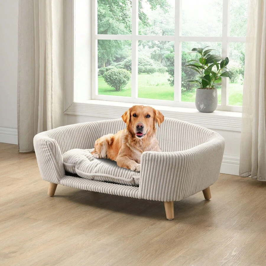 30" Corduroy Pet Couch Small Dog Sofa Bed , Rubber Wood Legs, Modern ...