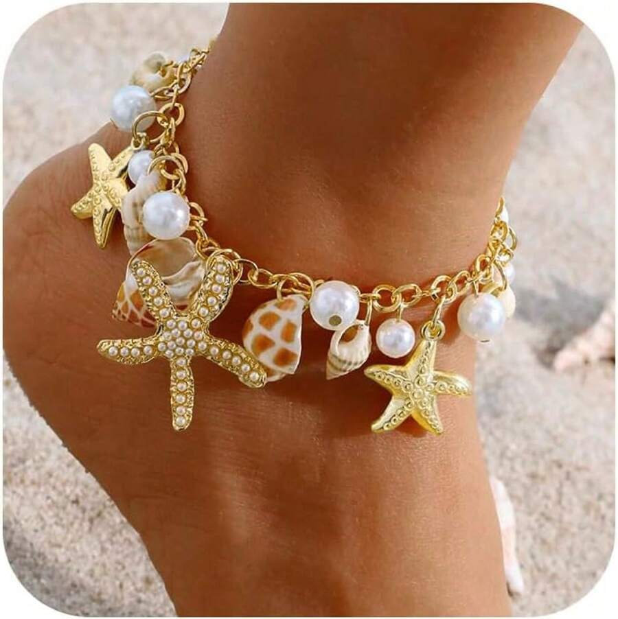Shell Ankle Bracelet Set Women, 14K Gold Boho Bead Adjustable Anklet, Hawaiian Beach Seashell ...