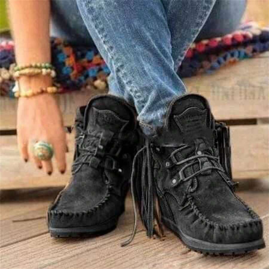 Women Casual Cowgirl Boots Non Slip Fashion Fall Tassels Western Ankle ...