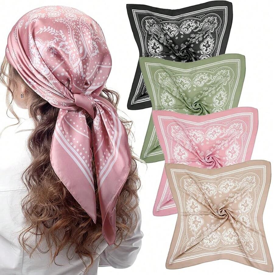 4 Pcs 27'' Square Satin Head Scarves Satin Bandanas For Women Headband ...