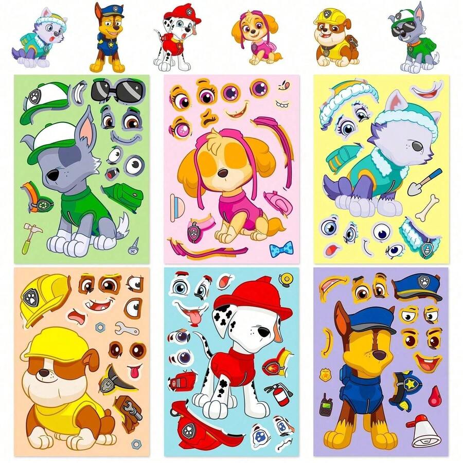 6Sheets Cute PAW Patrol Chase Skye Puzzle Stickers Funny Cartoon Make-A ...