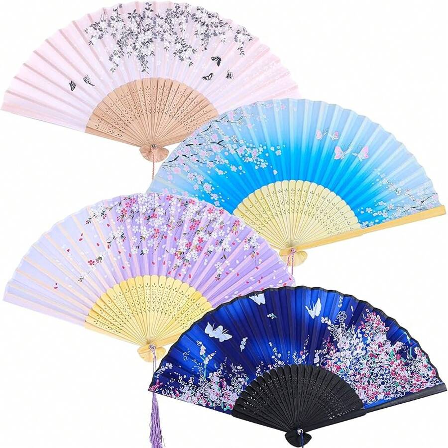 4 Pieces Folding Fans Bamboo Handheld Fan Silk Fabric Fan Hand Holding ...