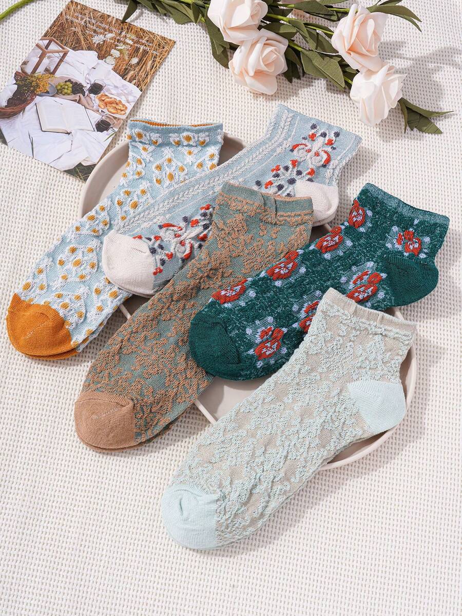 1 Pair/5 Pairs Retro 3D Floral Print Crew Socks, Women Casual Fashion ...