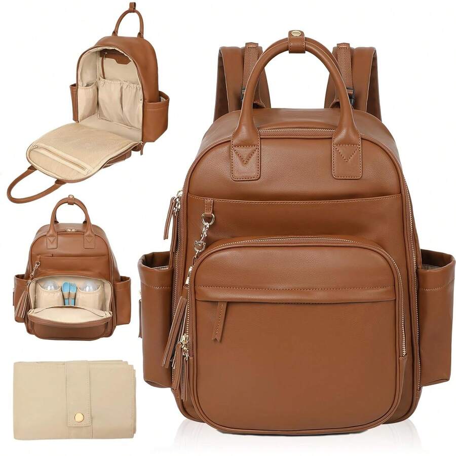 Diaper Bag Backpack,Leather Baby Bag With 16 Pockets,Large Travel ...