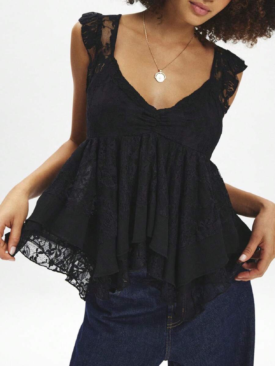 Women Summer Cami Tops Lace Ruffle Layered Babydoll Cami Crop Tops Y2k ...