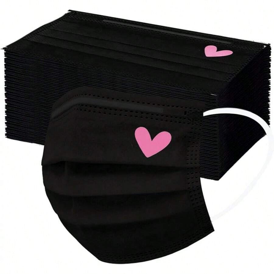 50pcs Cute Disposable Face Masks, Pink And Black Masks With Hearts ...