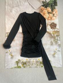 Sexy Midriff Revealing Bodycon Dress With Plush Cuffs, Fashion Forward ...