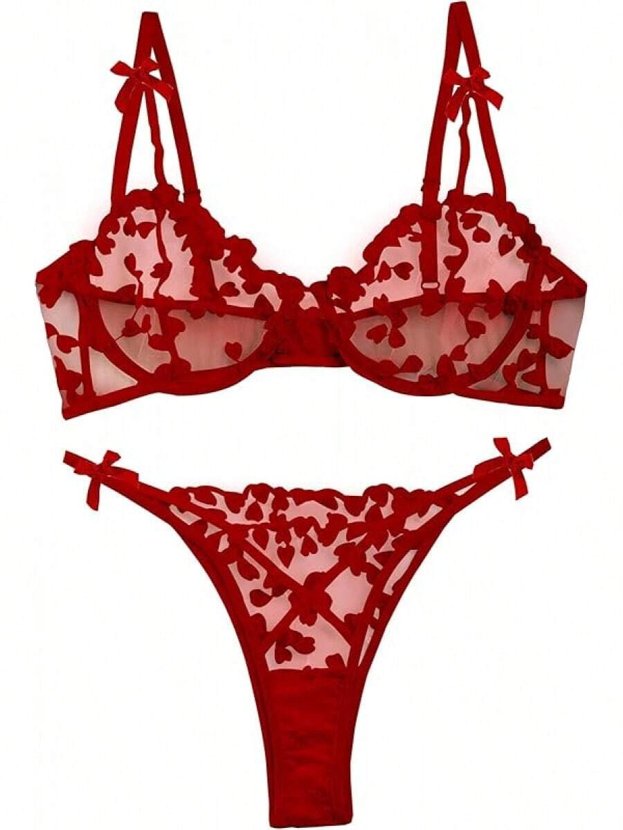 Sexy Underwire Cute Push Up Strappy Embroidered Mesh Sheer Lingerie Set ...