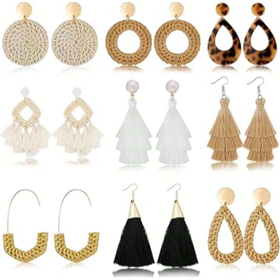 9 Pairs Rattan Earrings For Women Lightweight Acrylic Geometric Statement Woven Earrings ...