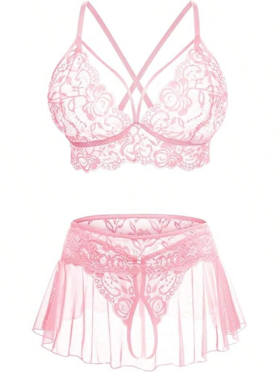 Lingerie Women Naughty 3 Piece Lace Bralette, Skirt With G-String ...