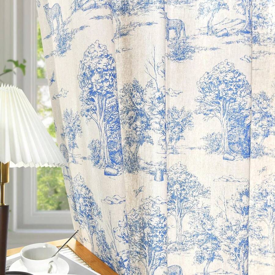 Linen Toile Curtains For Living Room 63 Inch Length 2 Panels Set Long ...