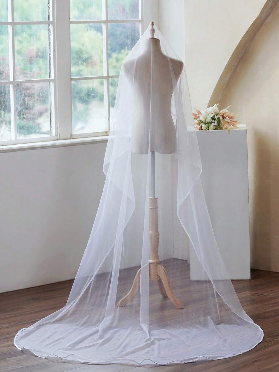 1pc Bridal Long Veil, White Single Layer Lace Trim Romantic Wedding ...