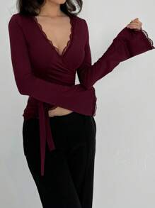 Ballet Wrap Tops For Women Y2k Lace Sheer Mesh Crop Tops Long Sleeve Deep V Neck Cross Wrap ...