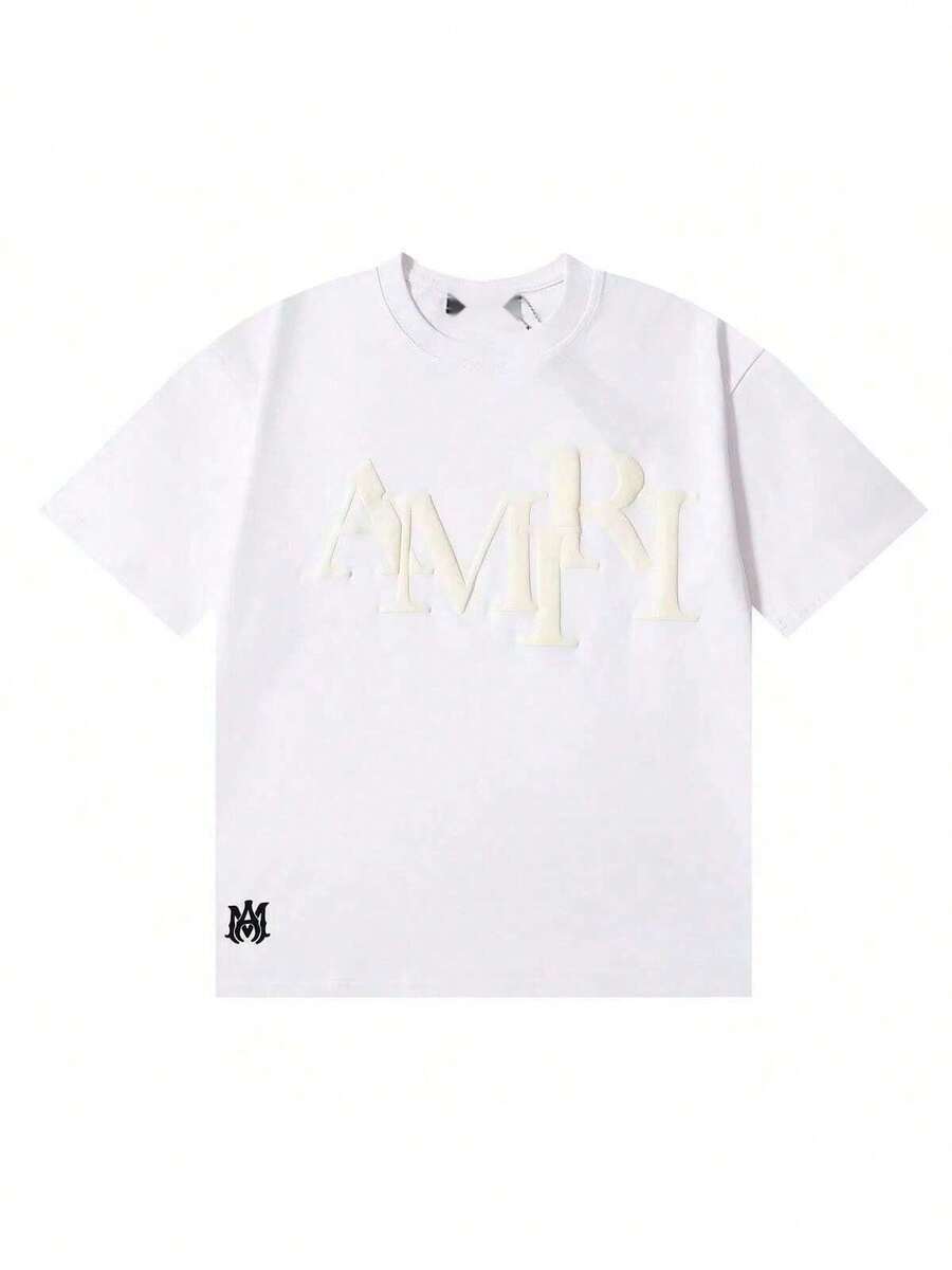 AMIR Letter Print Casual Loose Unisex Couple Short Sleeve Graphic T ...