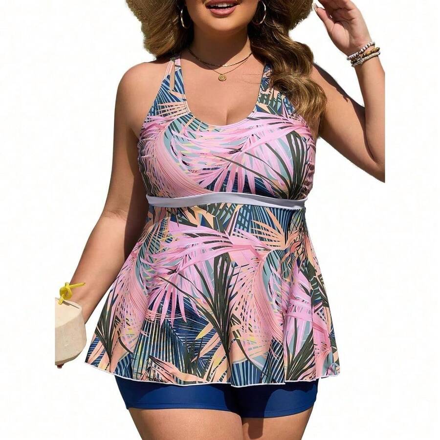 Women's Plus Size Tankini Cutout Two Piece SwimsuitColor Block Flowy ...