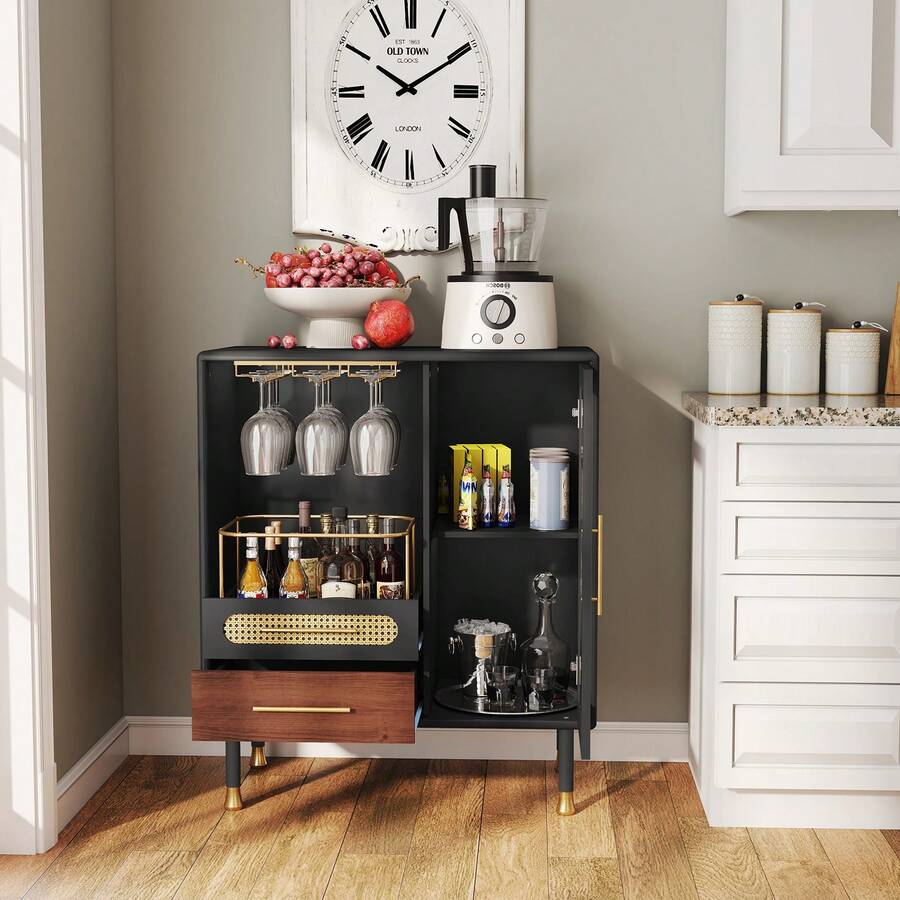ARTPOWER ARTPOWER Modern Coffee Bar Cabinet With Wine Glass Rack And ...