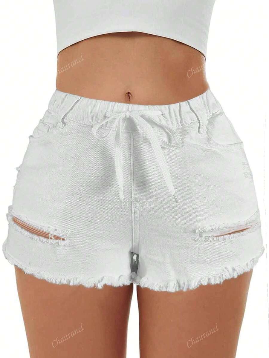 Women's Pocketed Distressed Elastic Waist Drawstring Denim Shorts ...