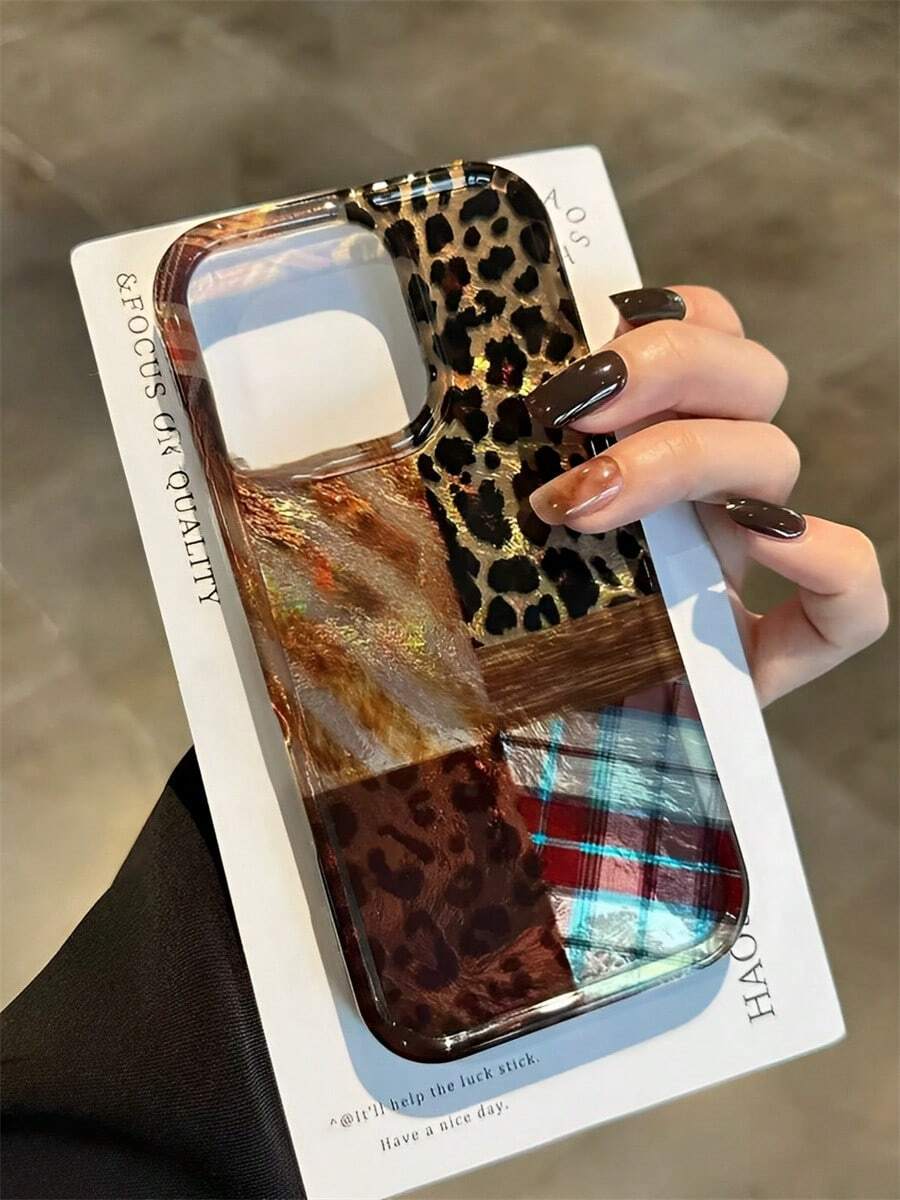 Leopard Print Patchwork Phone Case Suitable For 16, 15, 14, 13, 12, 11 ...