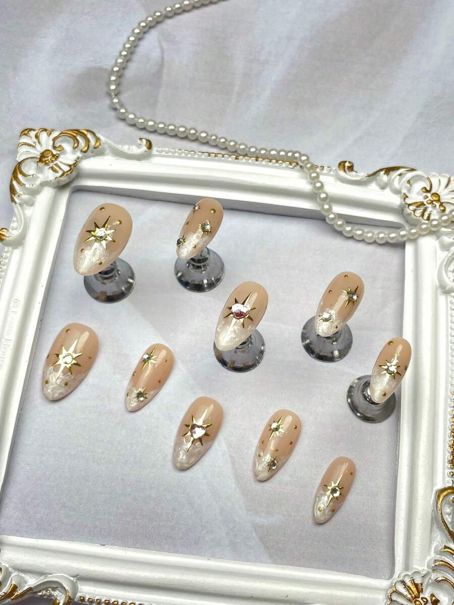 10 Hand Pressed Fully Covered Fake Nails, French Gold-Plated And 3D ...