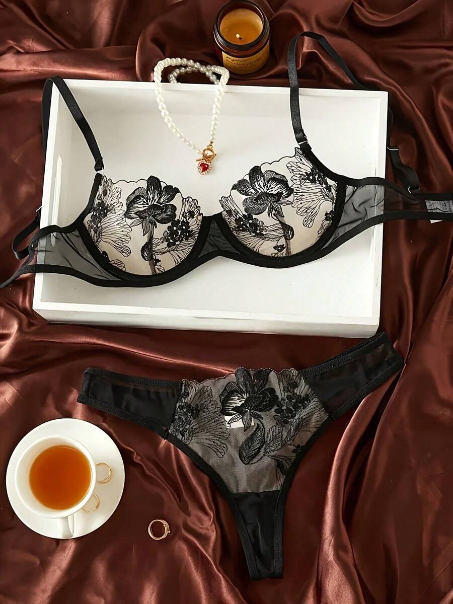 Single-Layer Flower Embroidery Sexy Suit, Perspective Bra And Briefs, Clothing That Shows ...