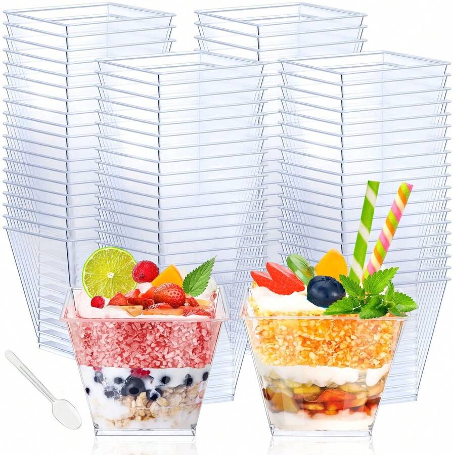 100pcs Plastic Cups,Clear Dessert Cups Plastic Parfait Appetizer Cups ...