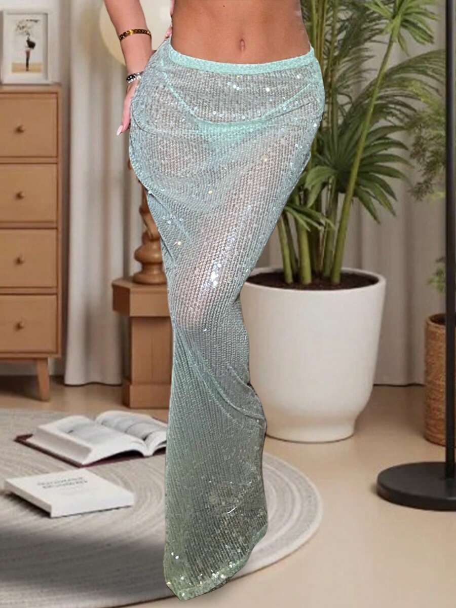 Women Sequin Sheer Skirt Sparkly Elastic Waist See Through Long Bodycon Skirt For Party Club ...