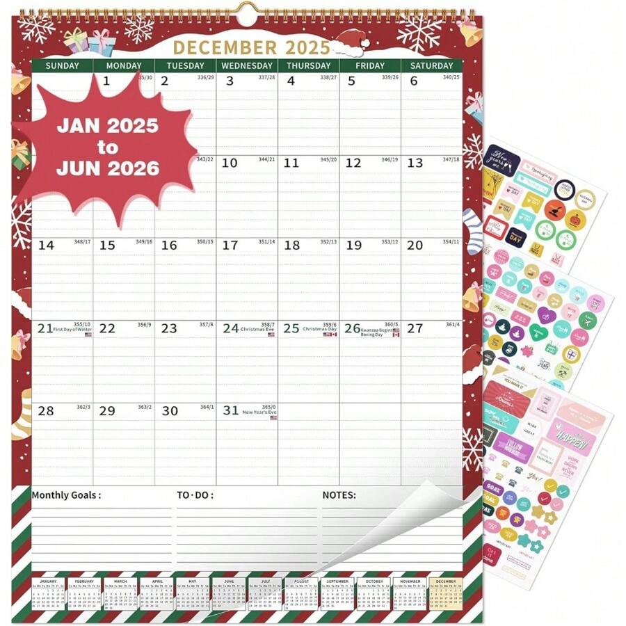 Calendario de pared 2025-2026 grande con espiral, calendario grande de 18 meses desde enero de ...